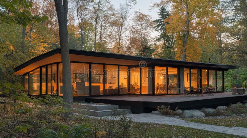 Modern Glass-walled House in the Forest with a Wooden Deck Stock ...