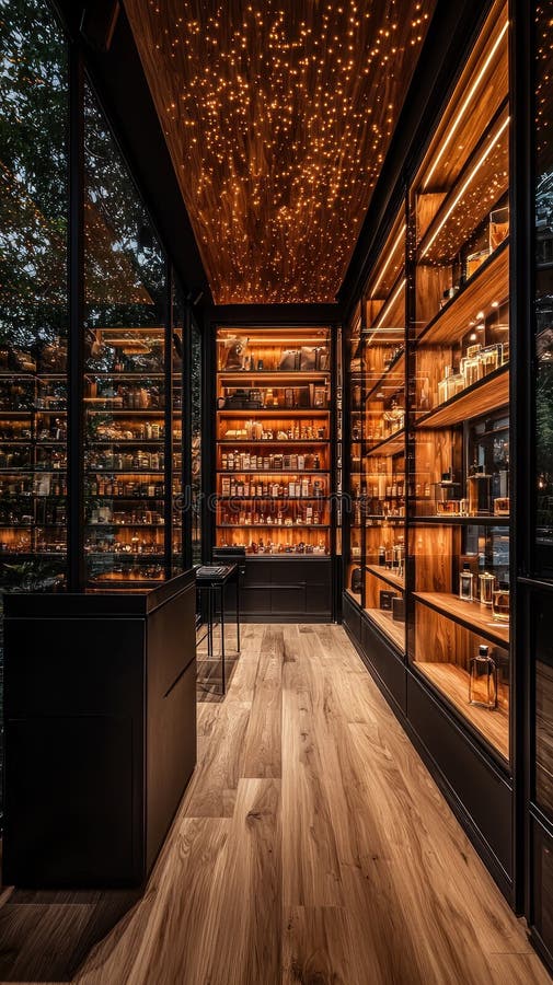 Modern Glass-walled Shop Interior with Illuminated Ceiling and Shelves ...