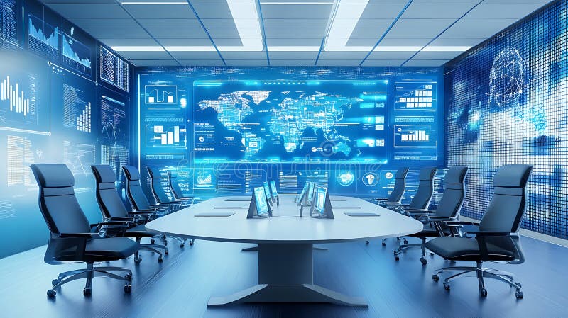 Modern Global Data Analysis Conference Room with World Map and Data ...