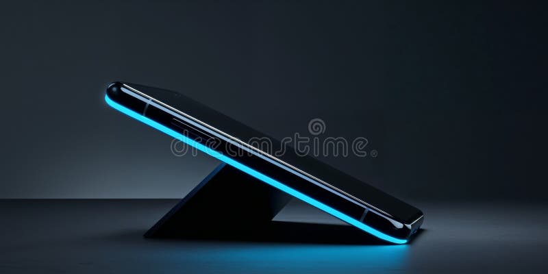 Modern Glossy Black Device with Blue Edge Lighting on Dark Surface ...
