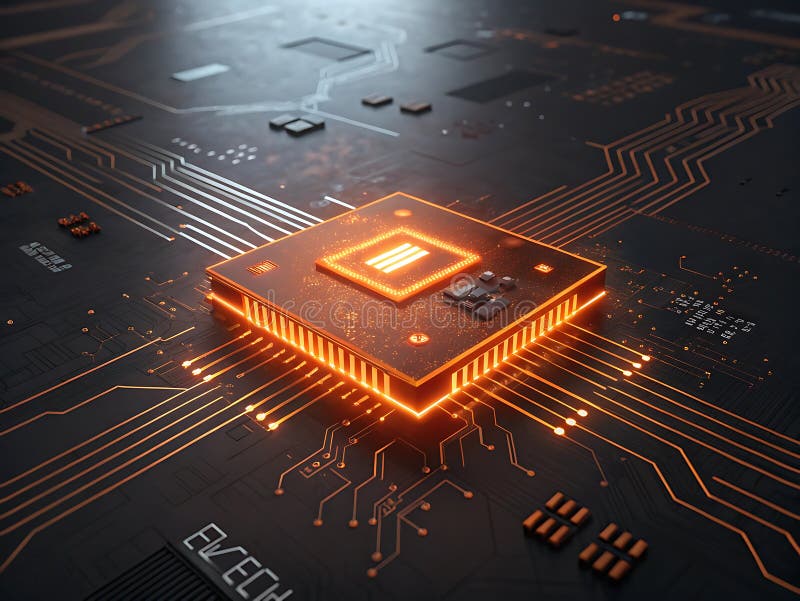 Orange Glowing Circuit Board on Futuristic Tech Background Stock ...