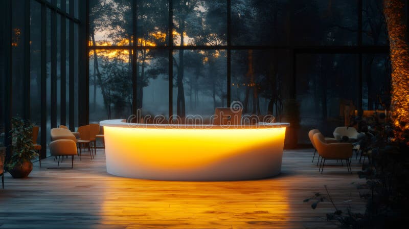 Modern Glowing Reception Desk in Office Lobby Overlooking Forest at ...