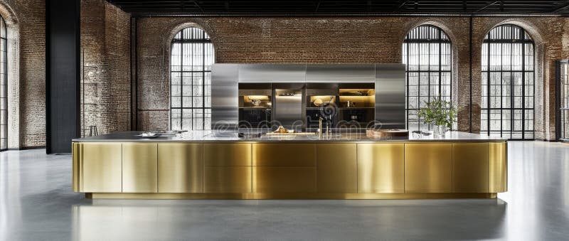 Modern Gold-Accented Kitchen in an Industrial Loft Space. Stock Image ...