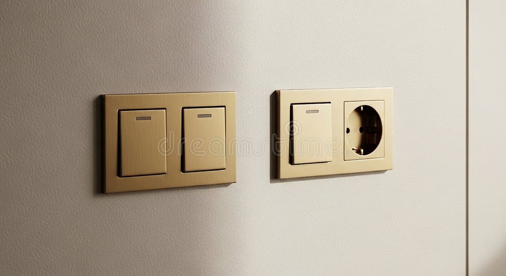 Modern Gold Light Switch and Socket on a Textured Wall with Soft ...