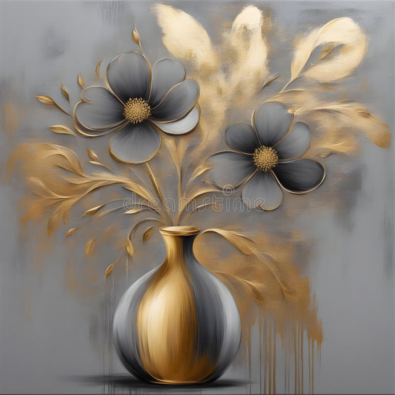Modern Gold Painting of Abstract Figurative Vase of Flower Stock ...