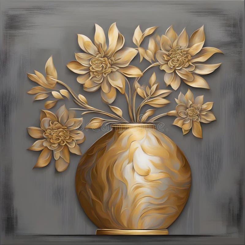Modern Gold Painting of Abstract Figurative Vase of Flower Stock ...