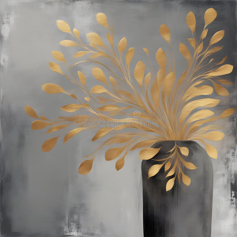 Modern Gold Painting of Abstract Figurative Vase of Flower Stock ...