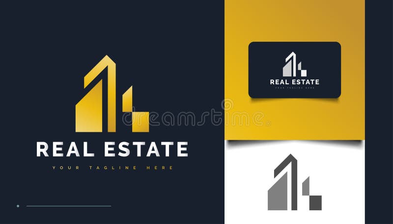 Real Estate Logo Design with Line Style in Gold Gradient. Construction ...