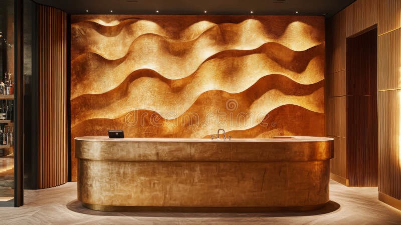 Modern Gold Reception Desk with Wave Wall Design Stock Illustration ...