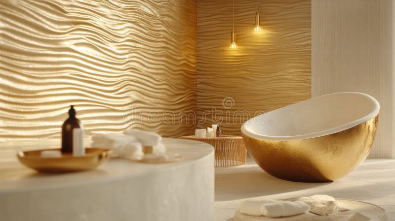 Modern Golden Bathroom Interior Design with Wave-Textured Walls Stock ...
