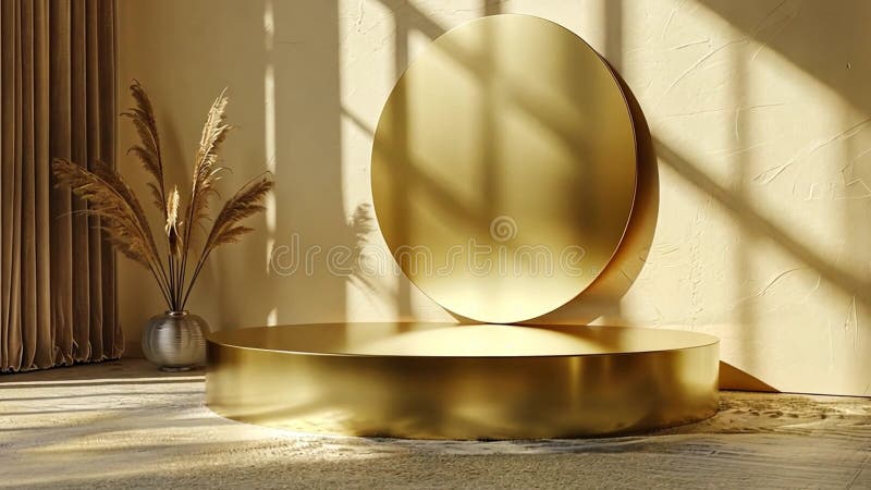 Modern Golden Display Setting with Circular Pedestal and Elegant Decor ...