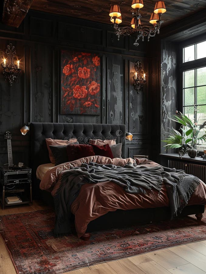 Modern Gothic Bedroom with Dark Colors and Dramatic Decor Stock Photo ...