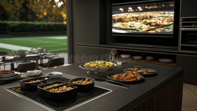 Modern Gourmet Kitchen with Elegant Dinner Presentation Stock Photo ...