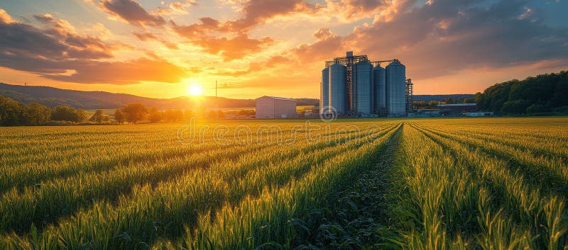 Modern Grain Storage Facility at Sunset Surrounded by Green Fields and ...