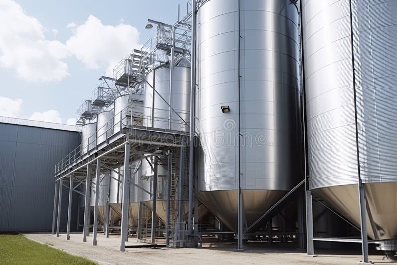 Modern Granary Elevator and Seed Cleaning Line. Silver Silos on Agro ...