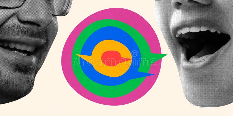 Modern Graphic Design. Two Faces Smiling and Speaking, Vibrant Layered ...