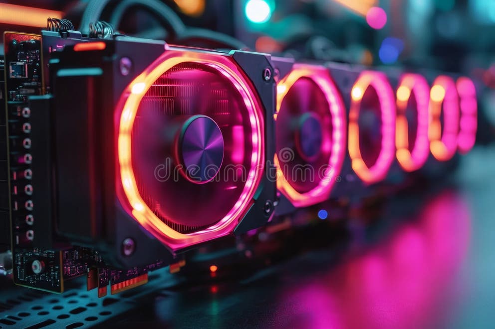 Modern Graphics Processing Units with Pink and Orange Neon Lights ...