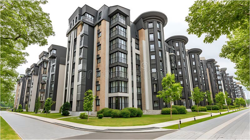 Modern Gray and Beige Apartment Building Complex with Landscaping Stock ...