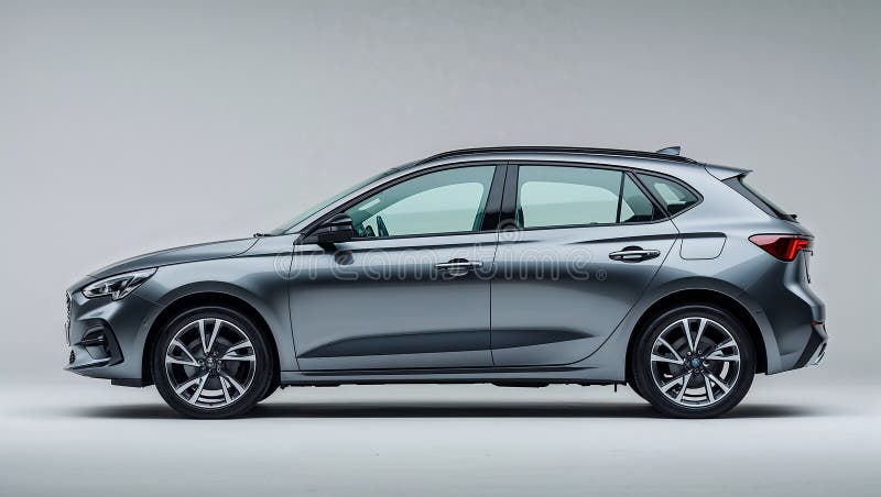Modern Gray Compact Car Parked in Studio Setting, Side View Stock ...