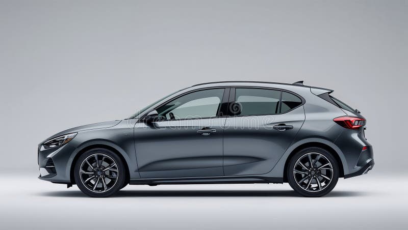Modern Gray Hatchback Car Parked in Studio Setting, Side View Stock ...