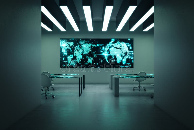 Modern Gray Interior with Interactive Screens on Wall and Desks. Future ...