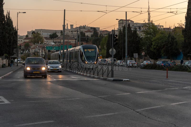 The Modern Gray Jerusalem Light Rail Car Traveling in Jerusalem, Israel ...