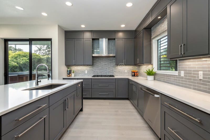 Modern Gray Kitchen Features Dark Gray Flat Front Cabinets Paired with White Quartz Countertops ...