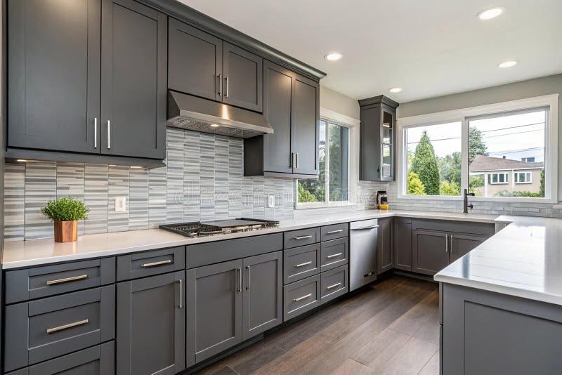 Modern Gray Kitchen Features Dark Gray Flat Front Cabinets Paired with ...