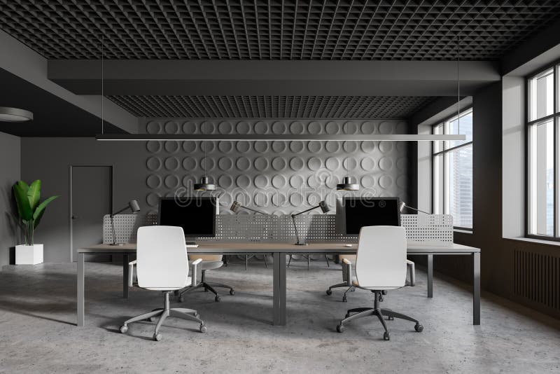 Modern Gray Office Workplace with Computers Stock Illustration ...