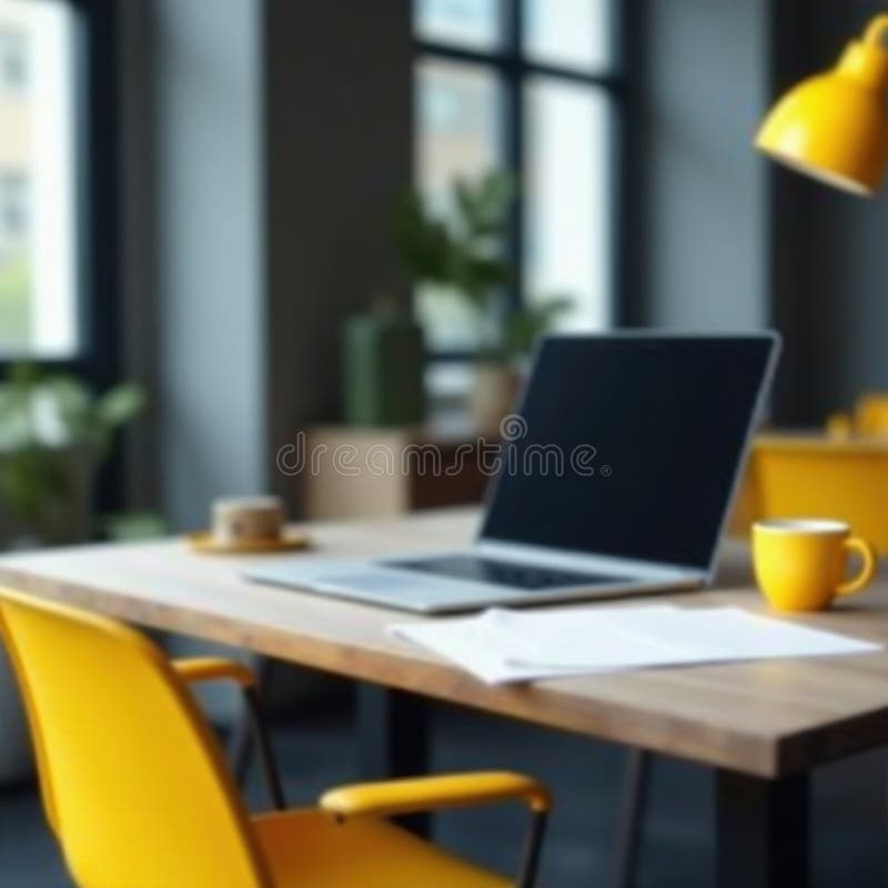 Modern Gray Office Workspace with Yellow Accents; Documents, Laptop ...