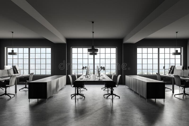 Modern Gray Open Space Office with Wooden Tables, Side View Stock ...