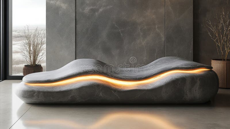 Modern Gray Stone Bench with Interior Warm Lighting Stock Illustration ...