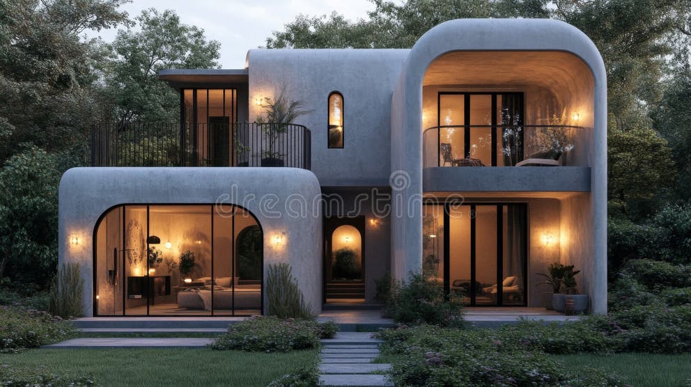 Modern Gray Stone House with Curved Architecture at Dusk Stock ...