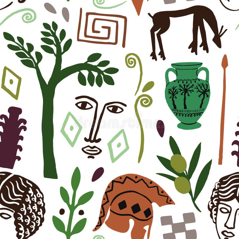 Modern Greek Pattern with Ancient Portraits and Faces. Stock Vector ...