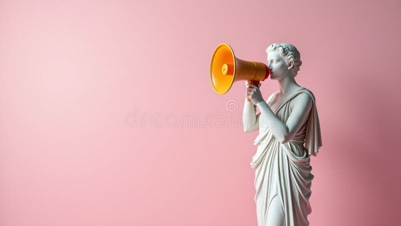 Modern Greek Statue with Futuristic Loudspeaker in Reflective Pose ...