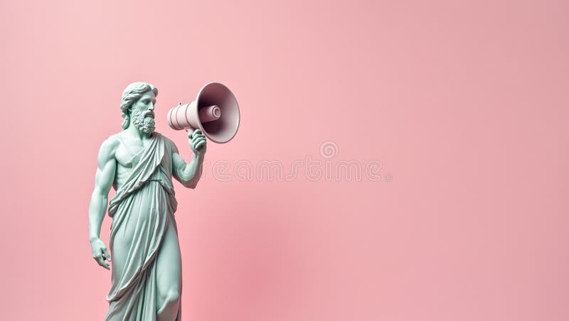 Modern Greek Statue with Futuristic Loudspeaker in Reflective Pose ...