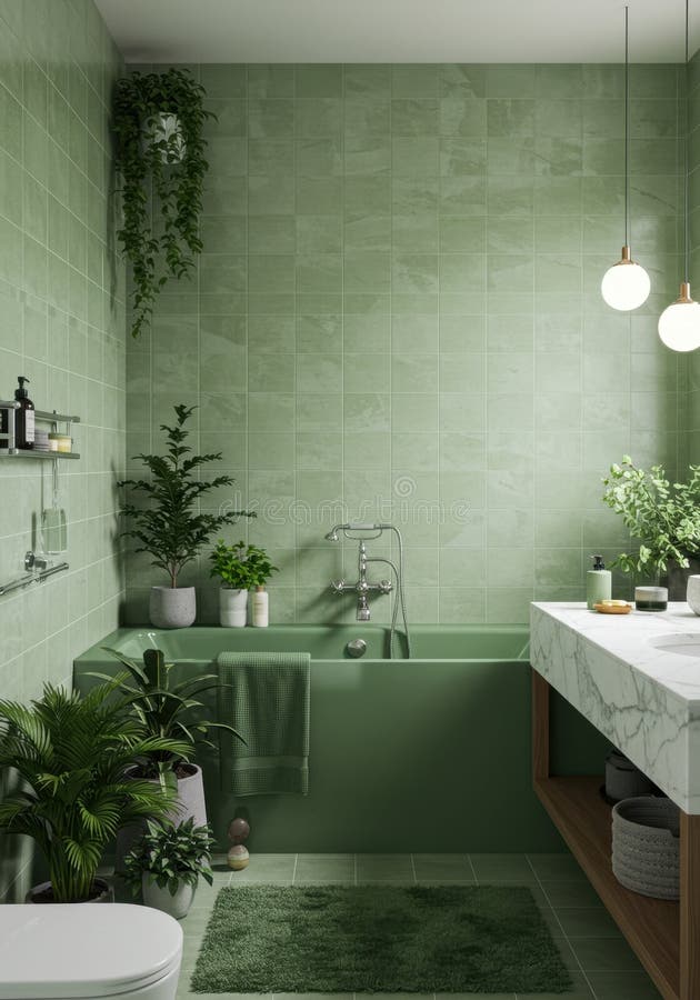 Modern Green Bathroom with Marble Vanity and Lush Greenery Stock Photo ...