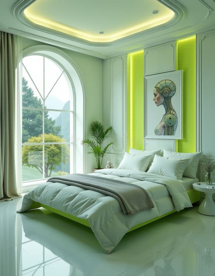 Modern Green Bedroom Interior Design with Large Window and Artwork ...