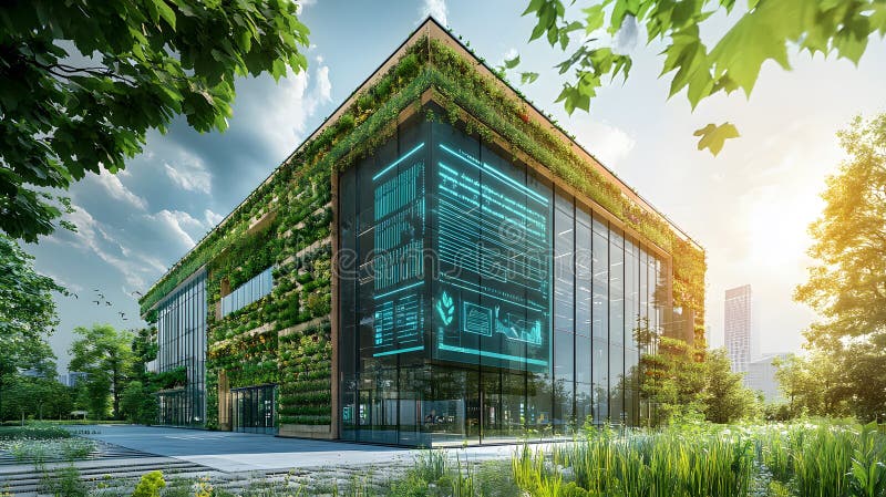 Modern Green Building with Digital Data Screen and Lush Greenery Stock ...