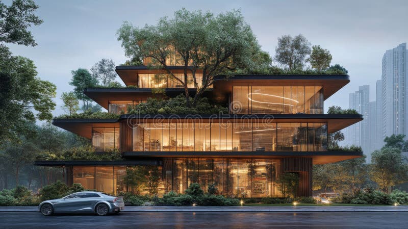 Modern Green Building with Glass and Wood Design at Night Stock ...