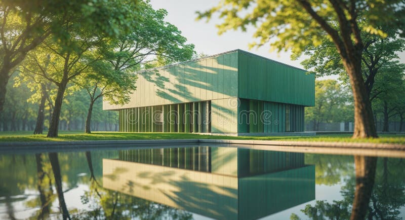 Modern Green Building Reflecting Surrounding Trees and Sunlight Stock ...