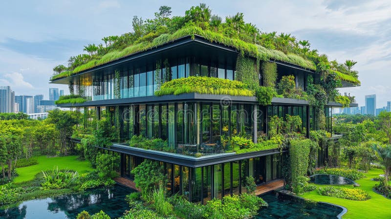 Modern Green Building with Rooftop Garden and City Views Stock ...
