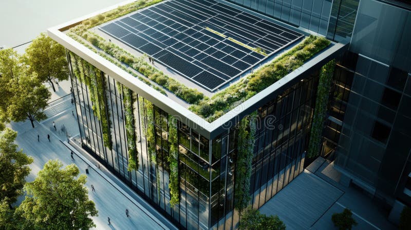 Modern Green Building with Solar Panel Roof and Vertical Gardens. Net ...