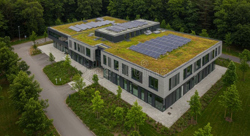 Modern Green Building with Solar Panels Aerial View Stock Illustration ...