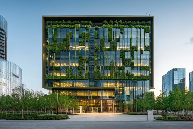 Modern Green Building with Vertical Gardens and Large Glass Windows in ...