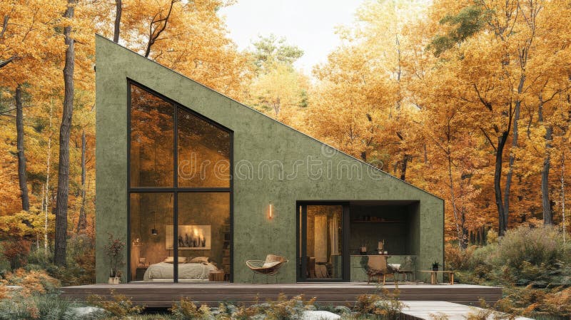 Modern Green Cabin in Autumn Forest Stock Illustration - Illustration ...