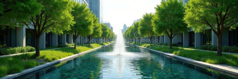 Modern Green Corporate Campus, Water Fountain , Path, Tranquility Stock ...