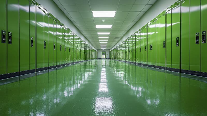 Modern Green Corridor with Reflection and Light Stock Illustration ...