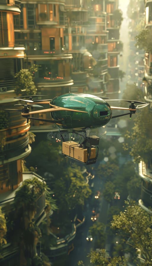 Modern Green Drone Delivering a Package in Urban Environment Realistic ...