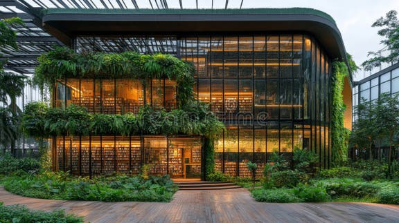 Modern Green Glass Library Building at Night Stock Illustration ...